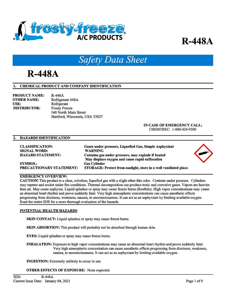 R448a Refrigerant SDS Sheet – Frosty Freeze A/C Products Company