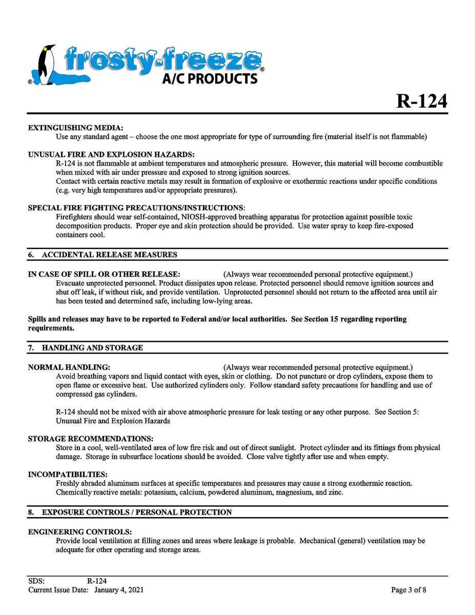 R124 Refrigerant SDS Sheet – Frosty Freeze A/C Products Company