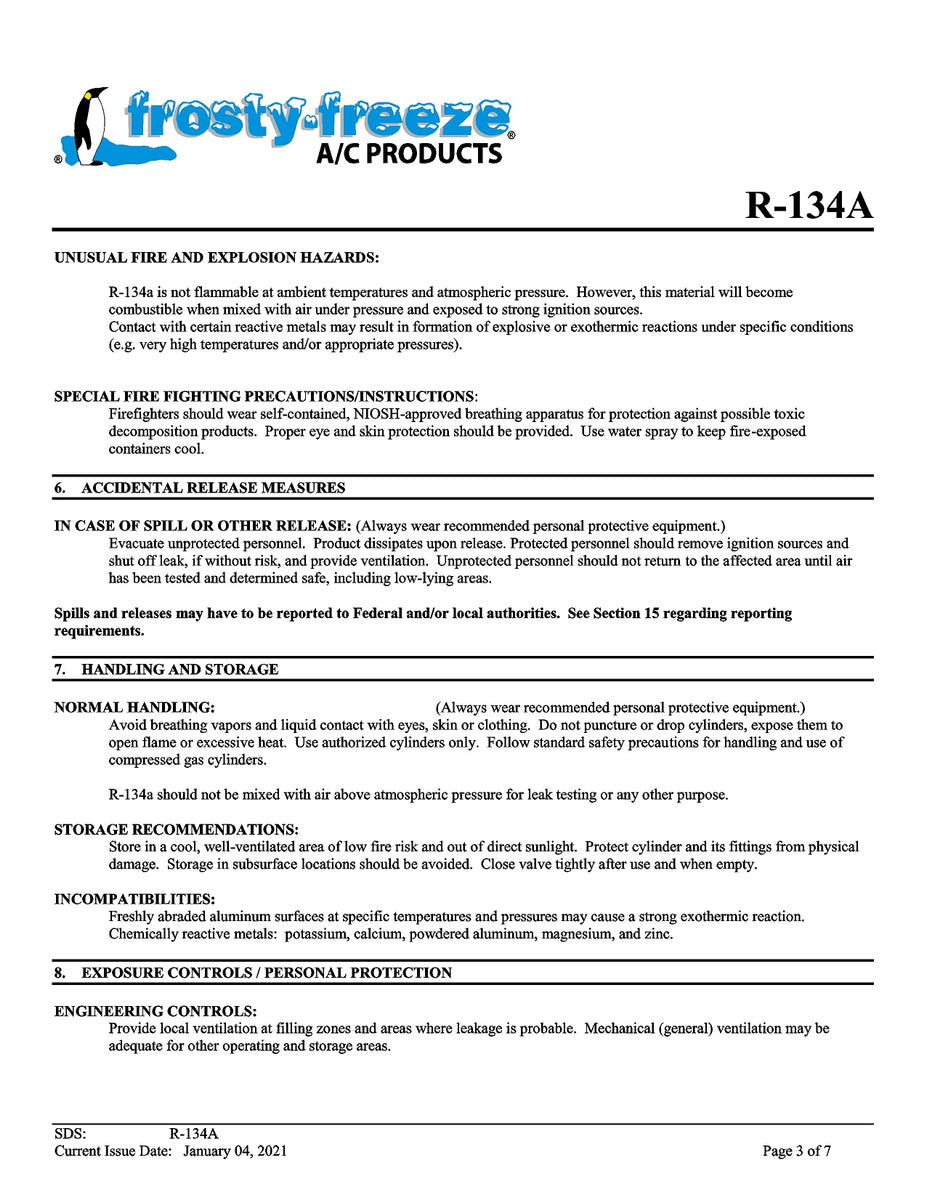 R134a Refrigerant SDS Sheet – Frosty Freeze A/C Products Company