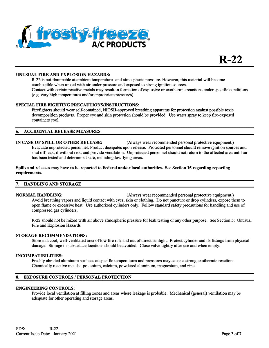 R22 Refrigerant SDS Sheet – Frosty Freeze A/C Products Company