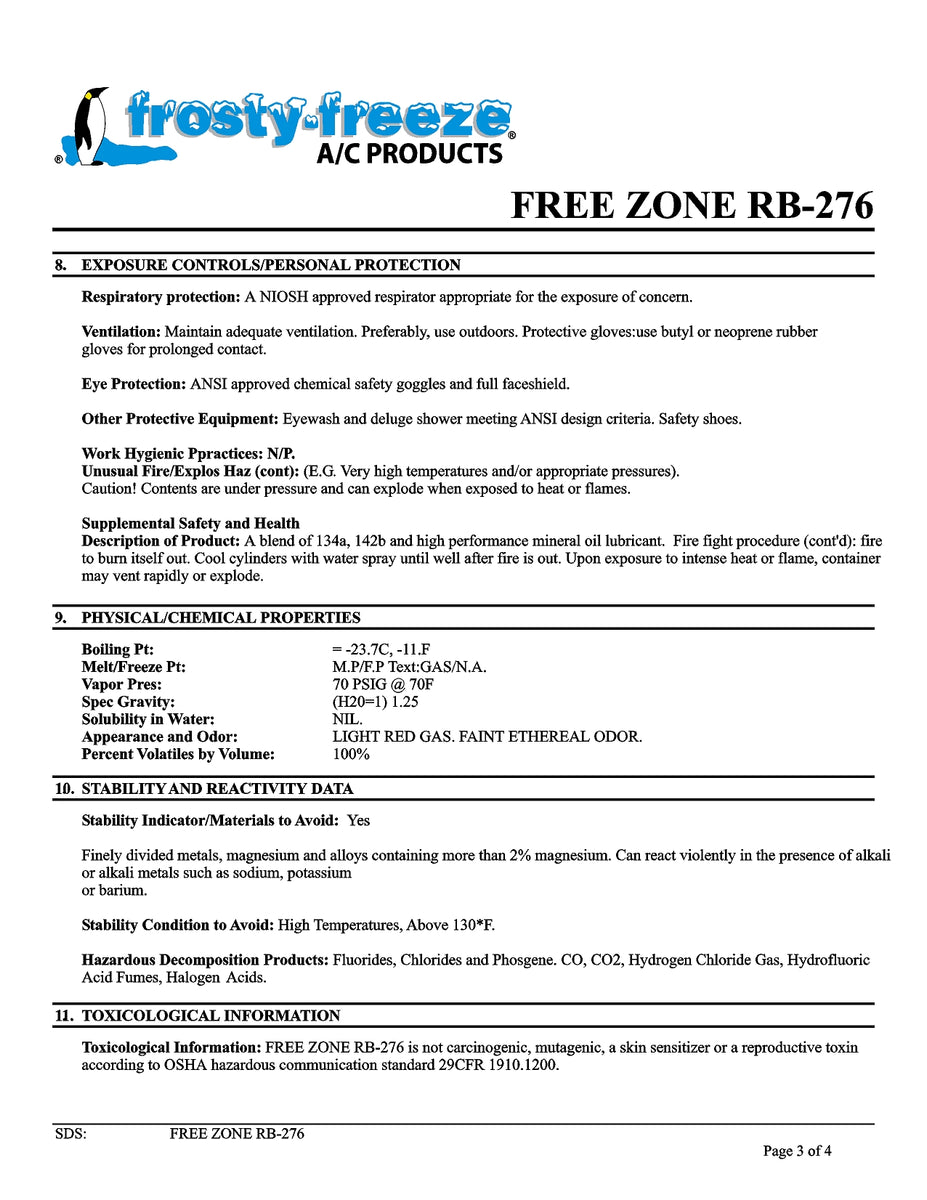 R276 *Freezone Refrigerant SDS Sheet – Frosty Freeze A/C Products Company
