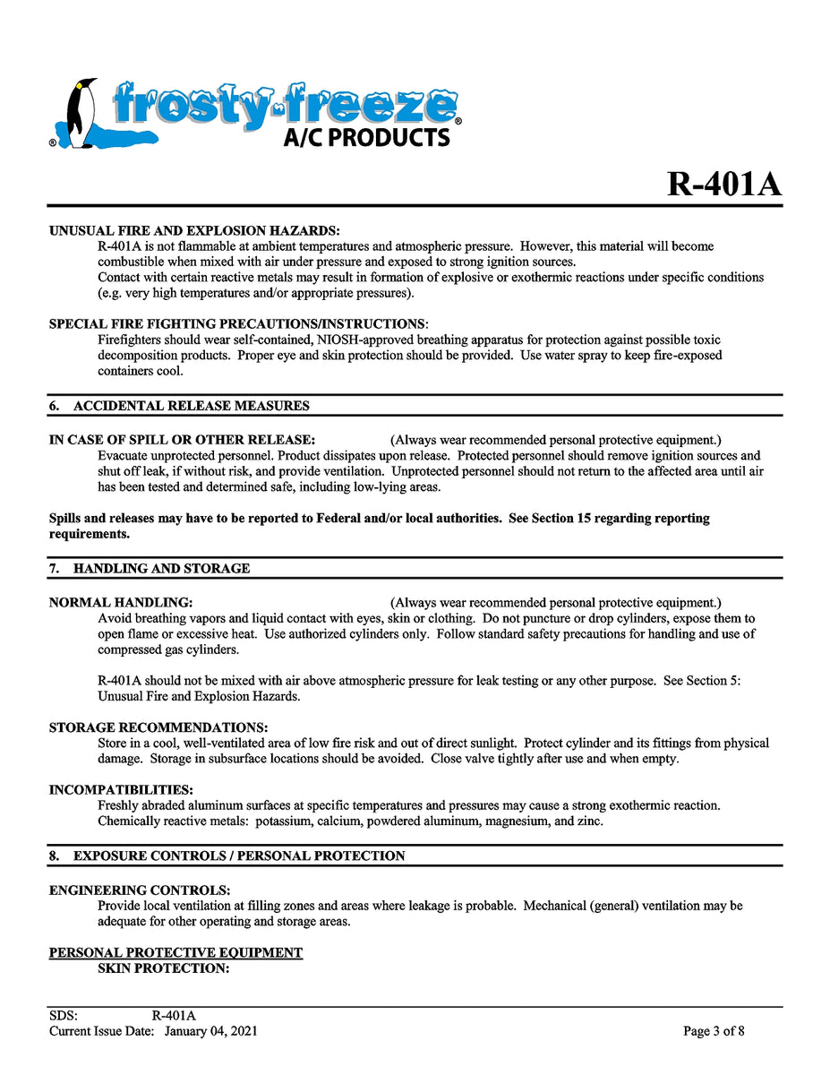 R401a Refrigerant SDS Sheet – Frosty Freeze A/C Products Company