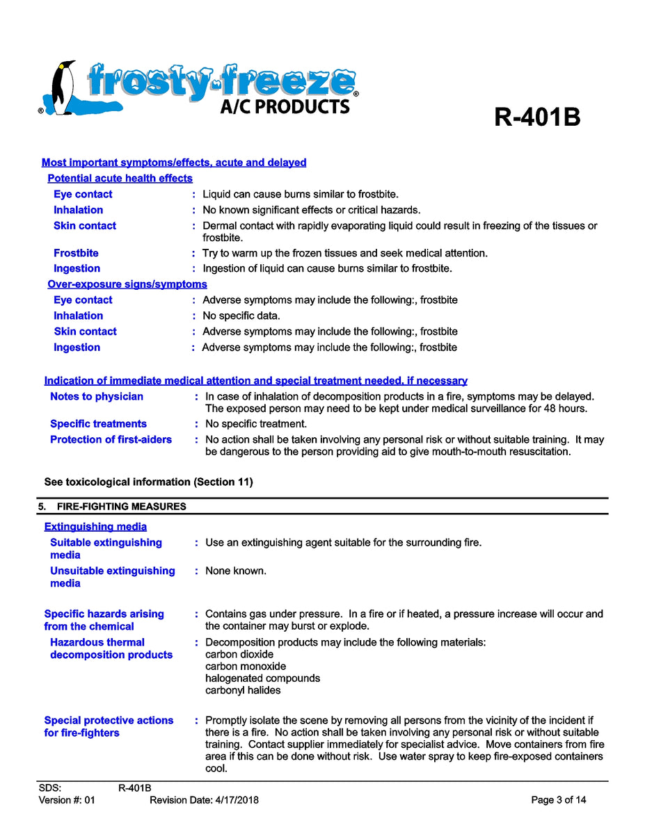 R401b Refrigerant SDS Sheet – Frosty Freeze A/C Products Company