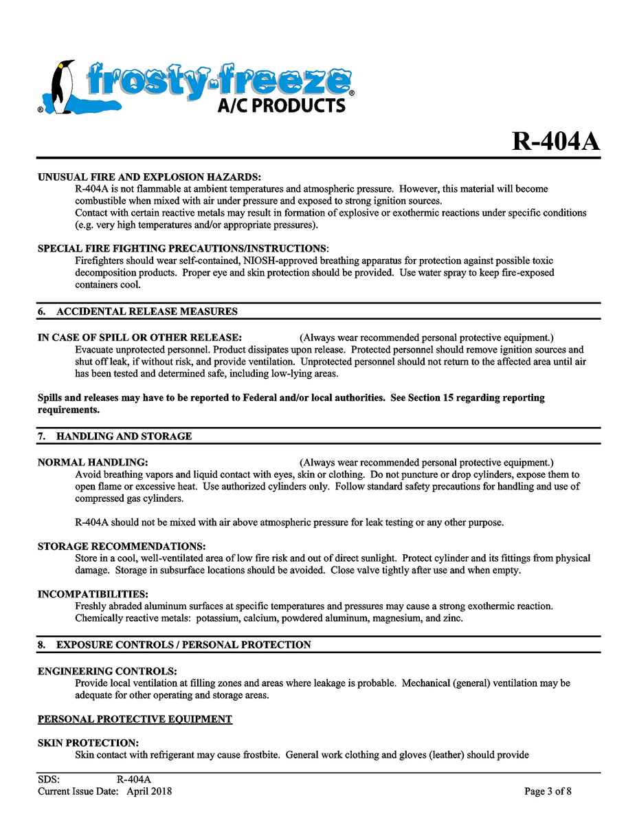 R404a Refrigerant SDS Sheet – Frosty Freeze A/C Products Company