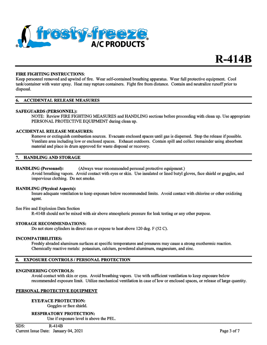 R414b Refrigerant SDS Sheet – Frosty Freeze A/C Products Company