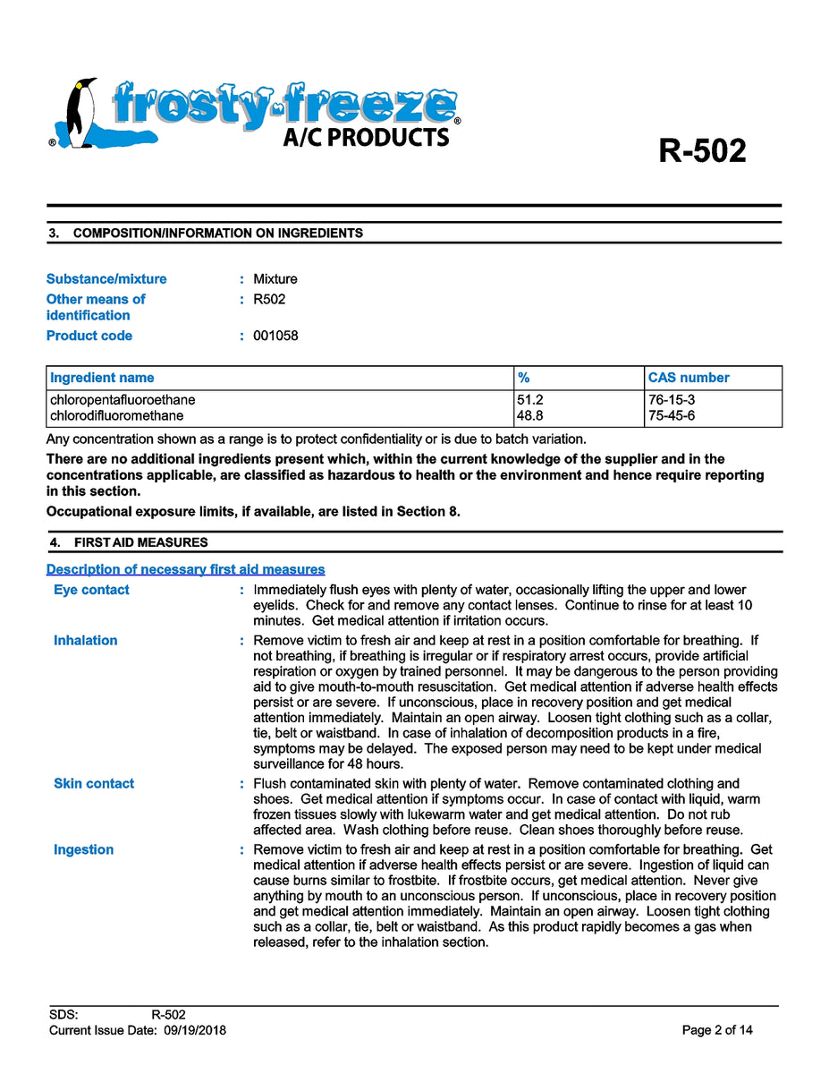 R502 Refrigerant SDS Sheet – Frosty Freeze A/C Products Company