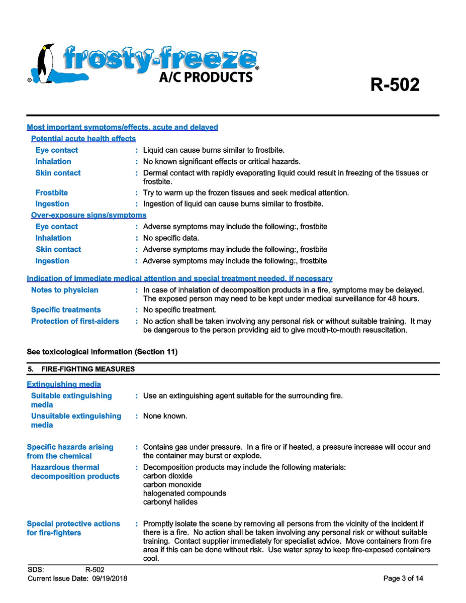 R502 Refrigerant SDS Sheet – Frosty Freeze A/C Products Company