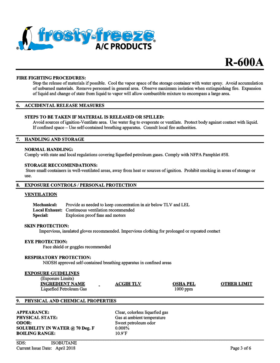 R600a Refrigerant SDS Sheet – Frosty Freeze A/C Products Company