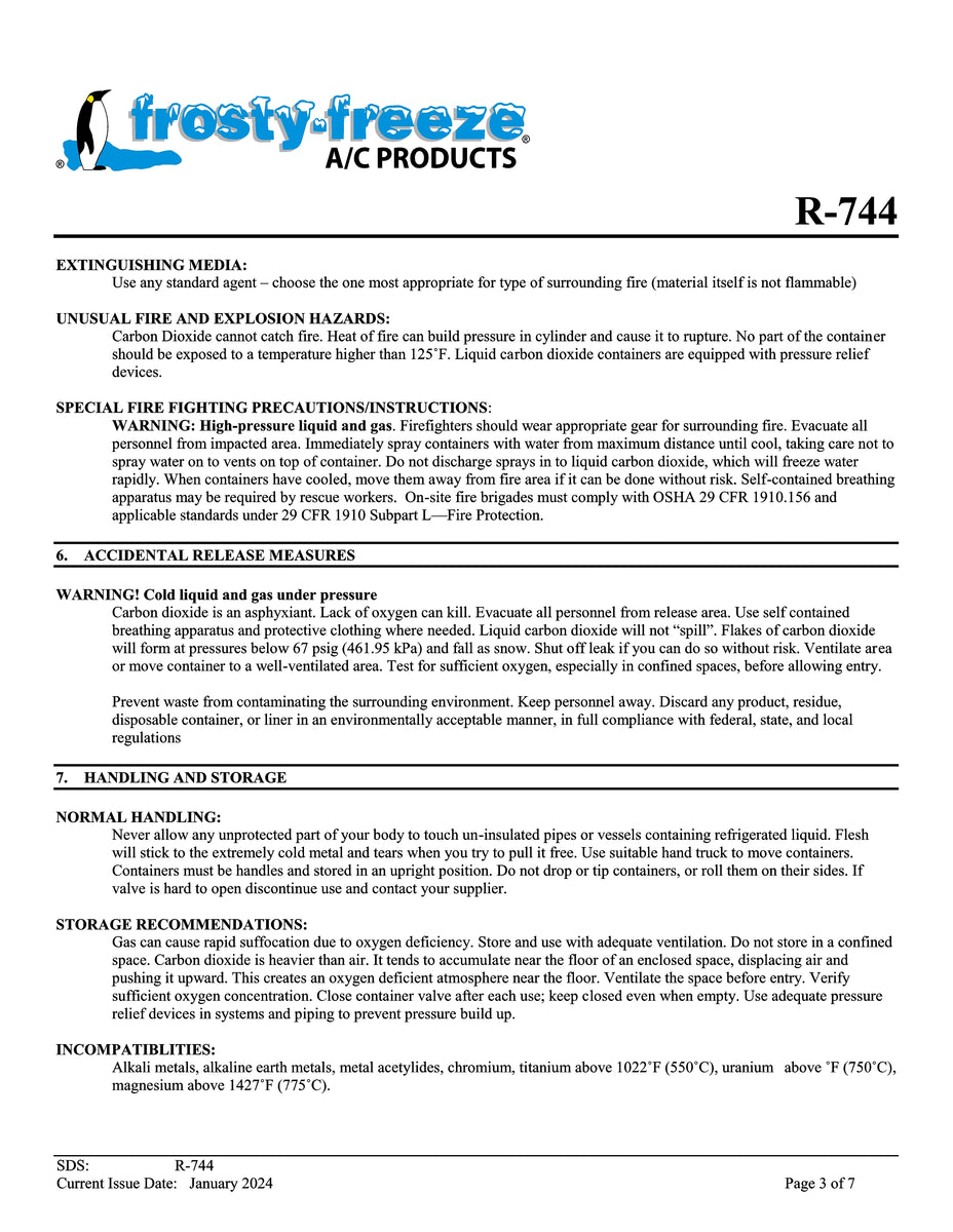 R744 Refrigerant SDS Sheet – Frosty Freeze A/C Products Company